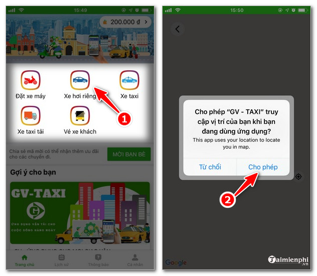 Cách đặt xe GV Taxi trên điện thoại Android và iPhone