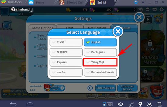 Cách đổi ngôn ngữ BnB M khi chơi game đặt bom