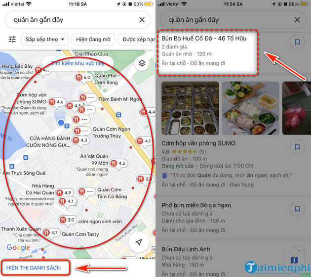 Quán ăn gần đây khu vực Hà Nội - Cách tìm quán ăn trên Google Maps
