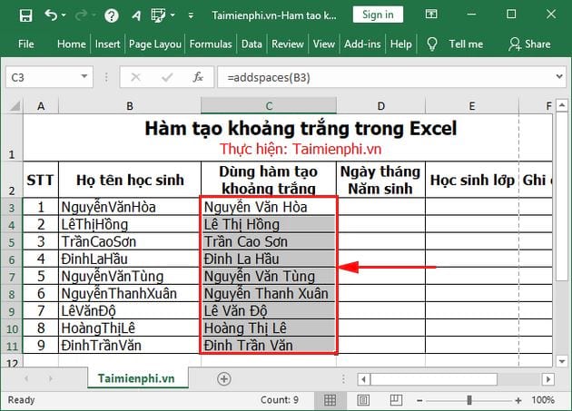 Hàm tạo khoảng trắng trong Excel 2019, 2016, 2013, 2010, 2007