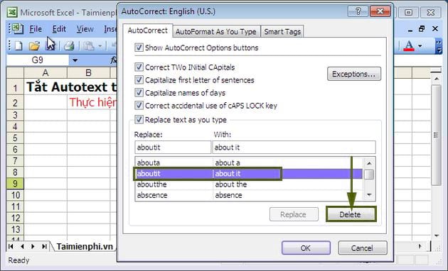 Cách tắt autotext trong Excel, xóa từ viết tắt