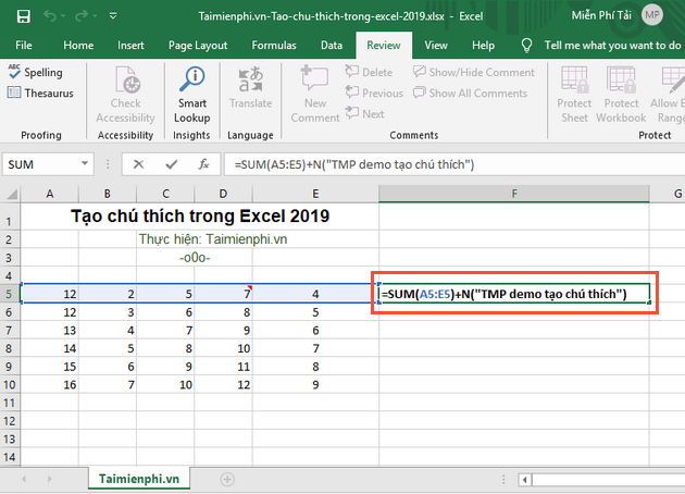 Cách tạo chú thích trong Excel 2019, thêm ghi chú, comment
