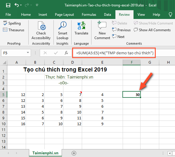 Cách tạo chú thích trong Excel 2019, thêm ghi chú, comment