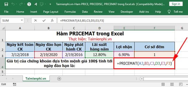 Hàm PRICE, PRICEDISC, PRICEMAT trong Excel
