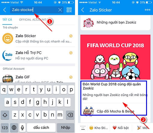 Zalo thêm 3 stickers siêu kute Mocha, Beige và Zookiz Cổ vũ World Cup