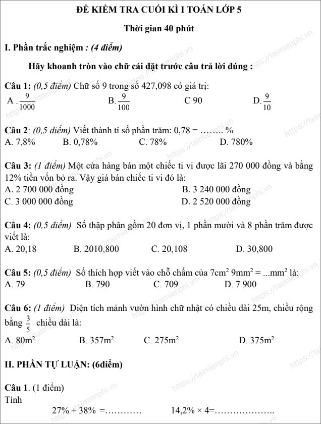 Đề thi Toán lớp 5 học kì 1 năm học 2022 - 2023 có đáp án