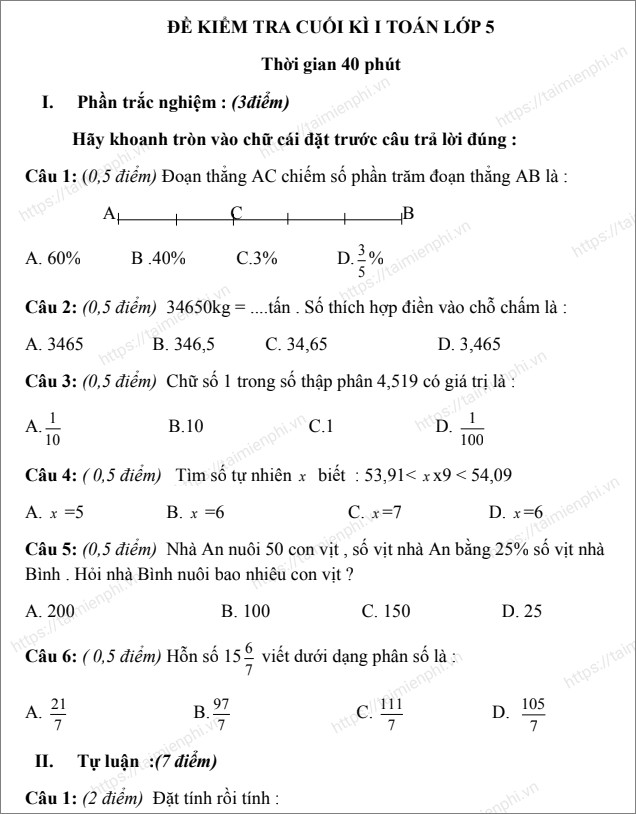 Đề thi Toán lớp 5 học kì 1 năm học 2022 - 2023 có đáp án
