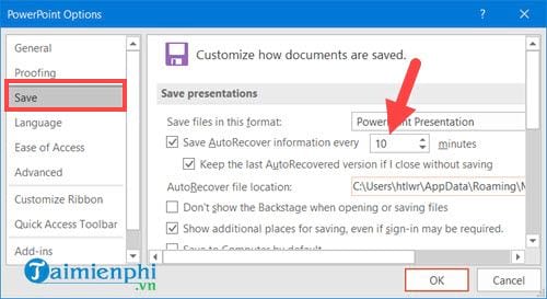 Đổi thời gian lưu tự động trên PowerPoint, Auto Save PowerPoint 2016,