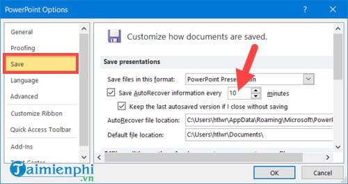 Đổi thời gian lưu tự động trên PowerPoint, Auto Save PowerPoint 2016,