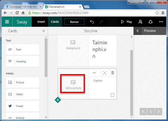 Chèn ảnh Sway, thêm ảnh slide Microsoft Sway, Insert image Sway
